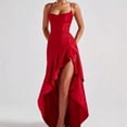 Brick Red Satin Maxi Dress With Spaghetti Straps, Ruched Bodice ...