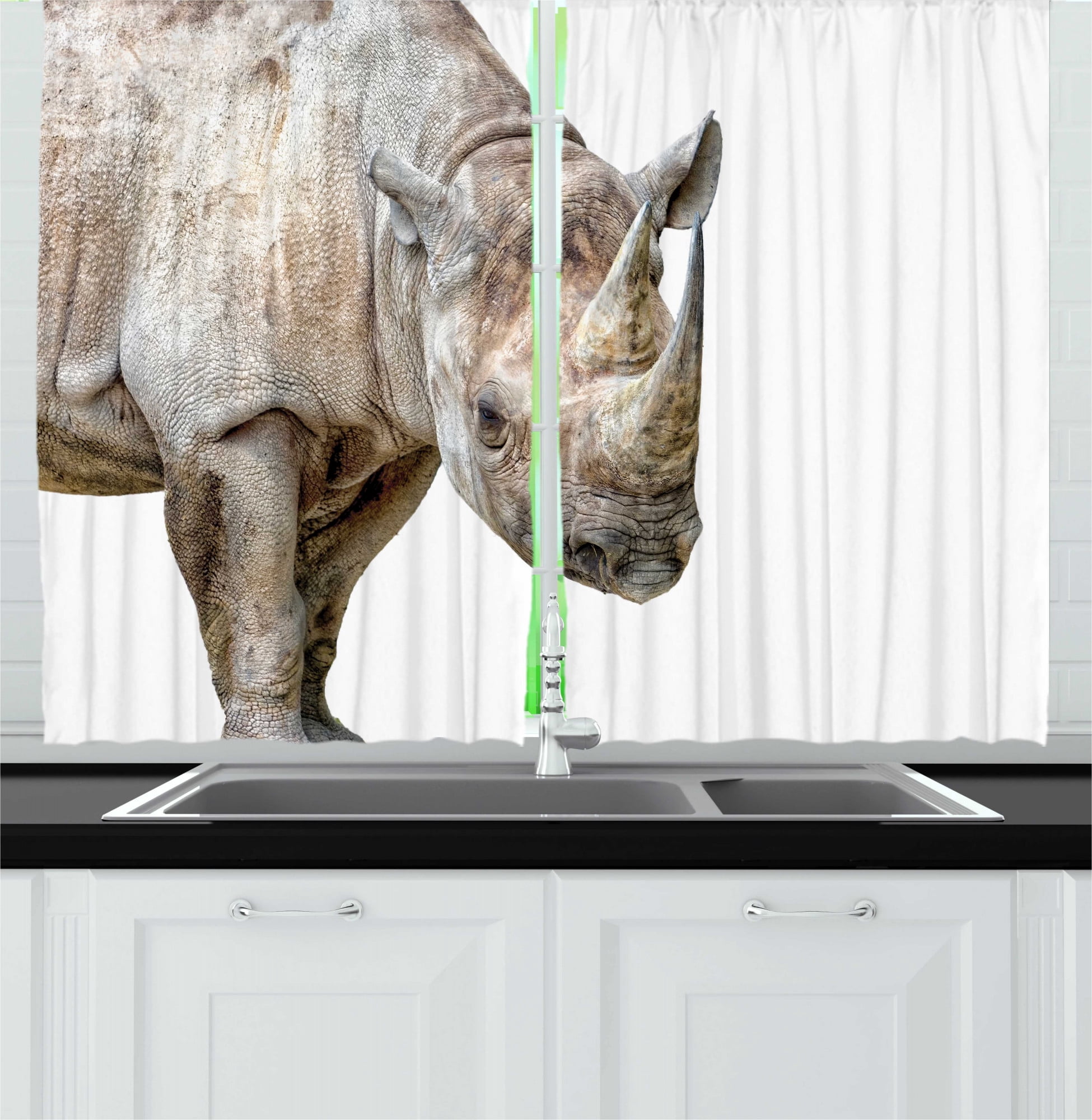 Animal Kitchen Curtains, Wild Tusked Endemic Animal Photo on Plain ...