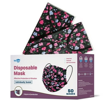 Disposable Face Masks 3-Ply Individually Wrapped , 50ct - Flowers - Walmart.com