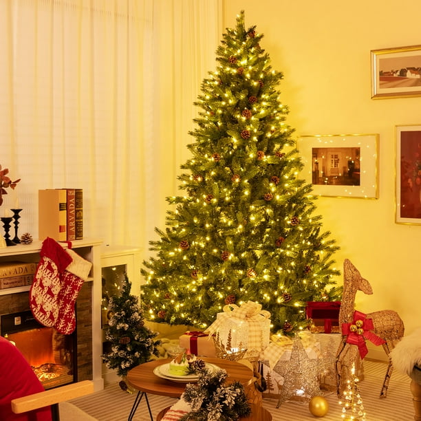 Gymax 7 FT Pre-Lit Xmas Tree 3-Minute-Setup Artificial Christmas Tree w ...