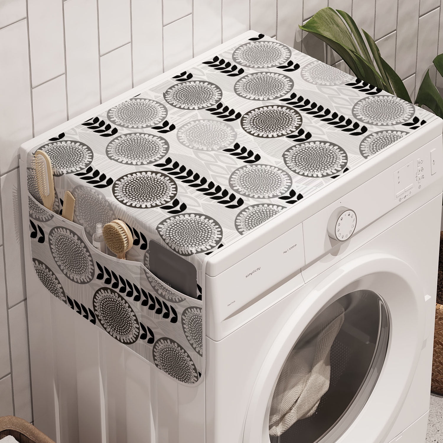Flower Washing Machine Organizer, Greyscale Spring Blooms with Abstract ...