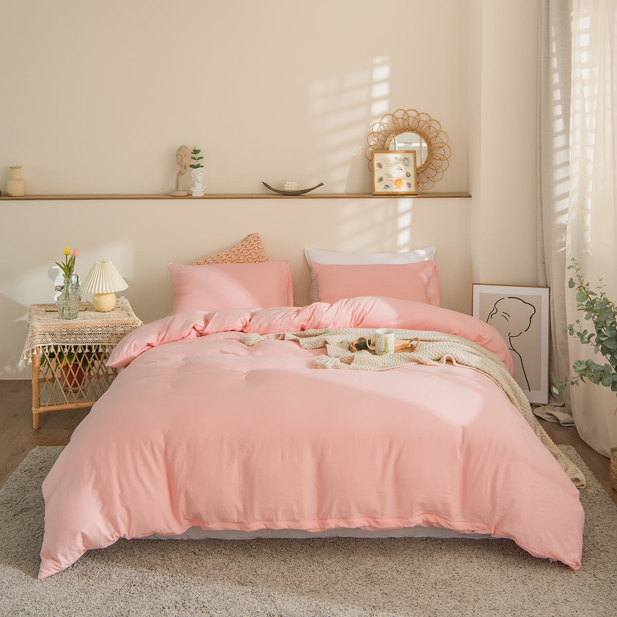 Peach Bedding Sets Queen Girls Duvet Cover Set Solid Pattern Washed ...