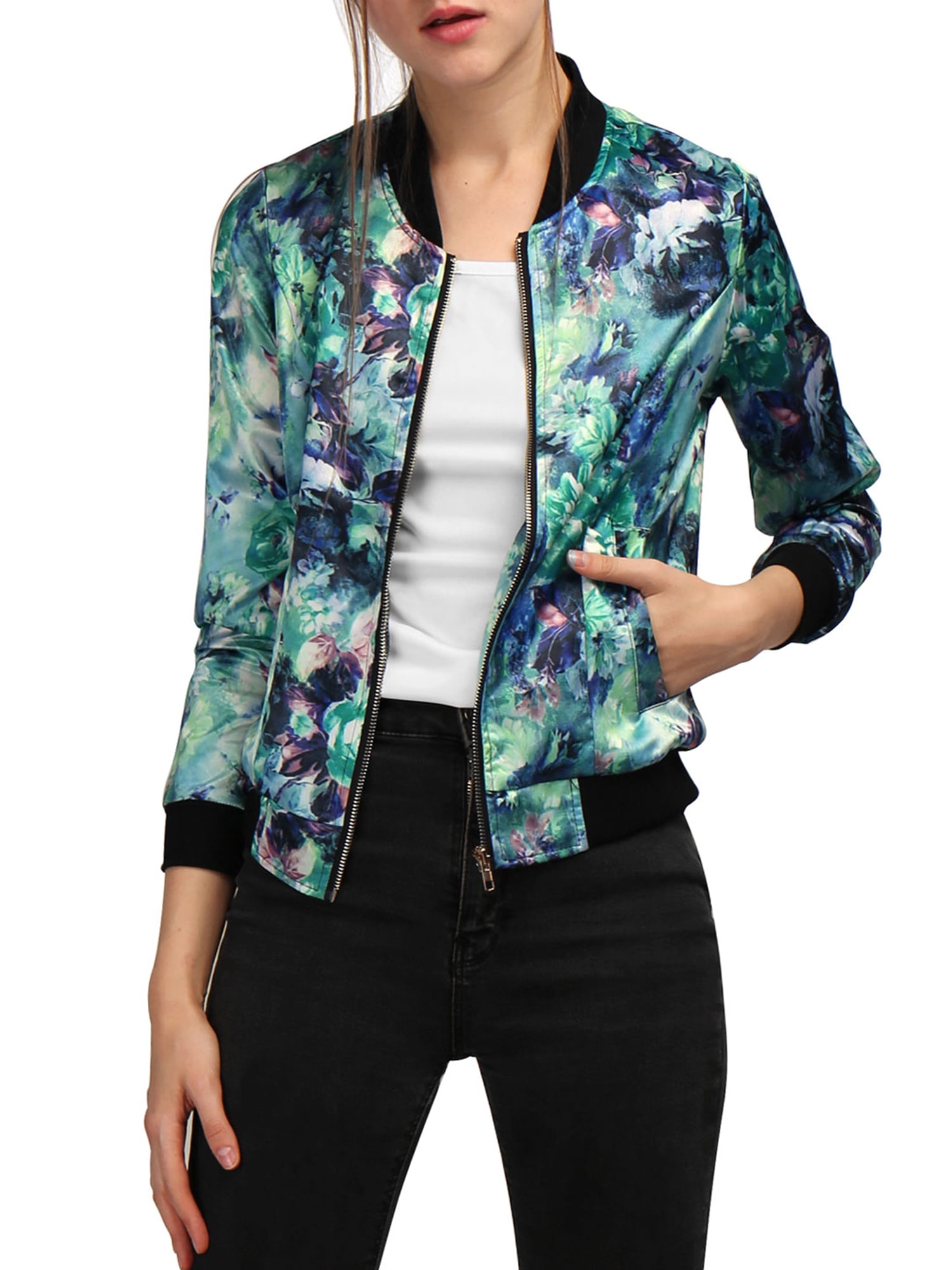 Allegra K Allegra K Womens Long Sleeve Zip Up Floral Print Casual