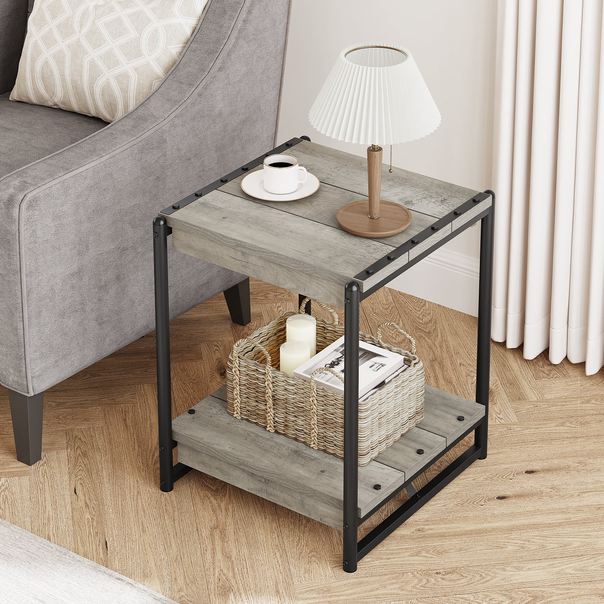Leeten Farmhouse End Table, Industrial Sofa Side Table with 2-Tier ...