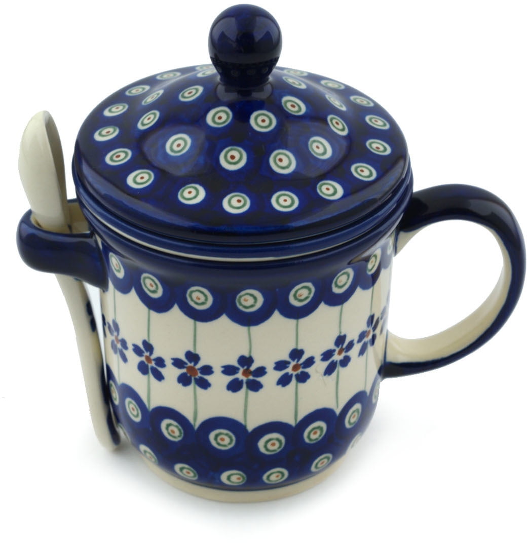 Polish Pottery 11 oz Brewing Mug with Spoon (Flowering Peacock Theme ...