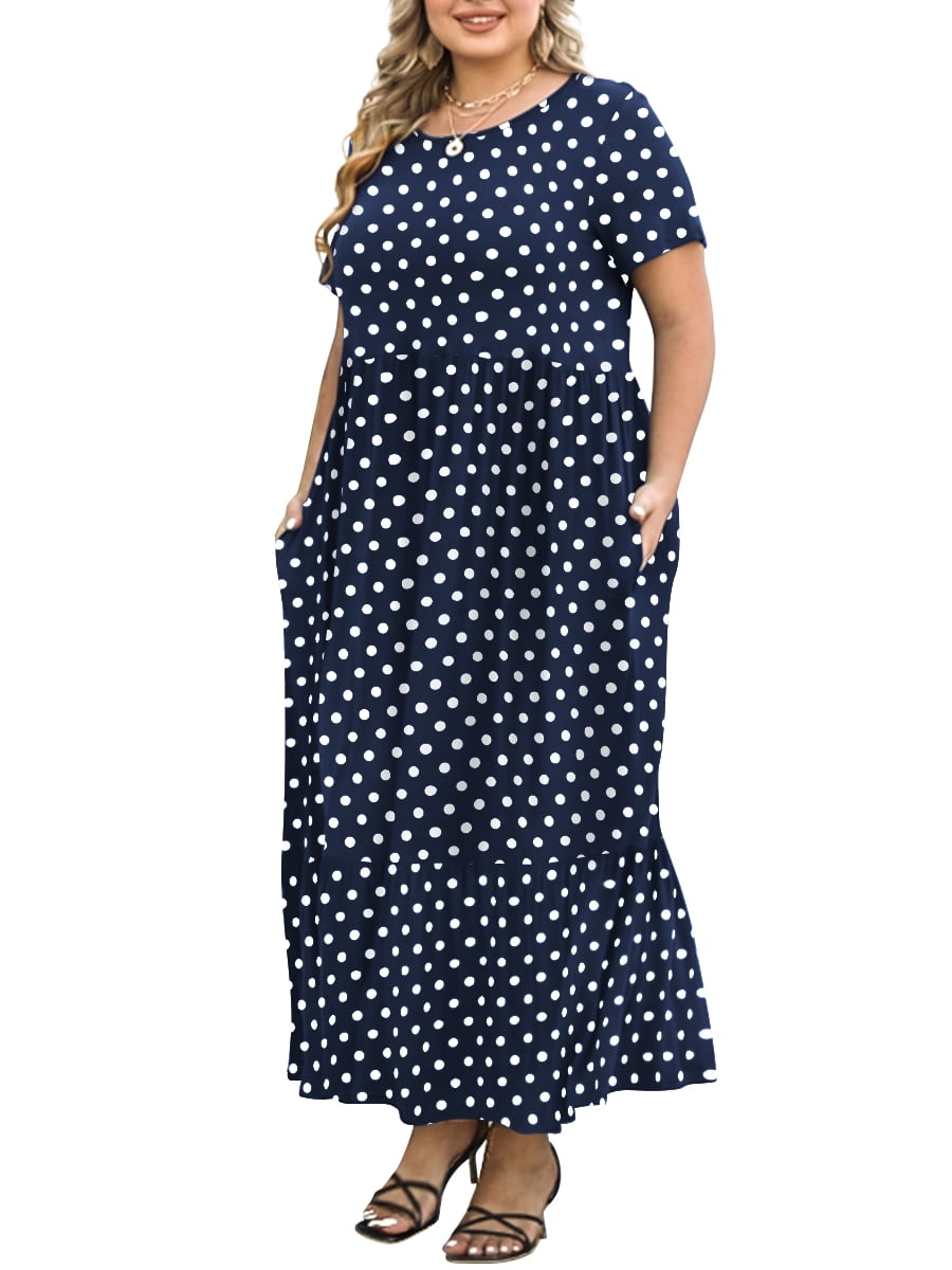 Mengpipi Womens Plus Size Casual Short Sleeve Crewneck Dress Flowy