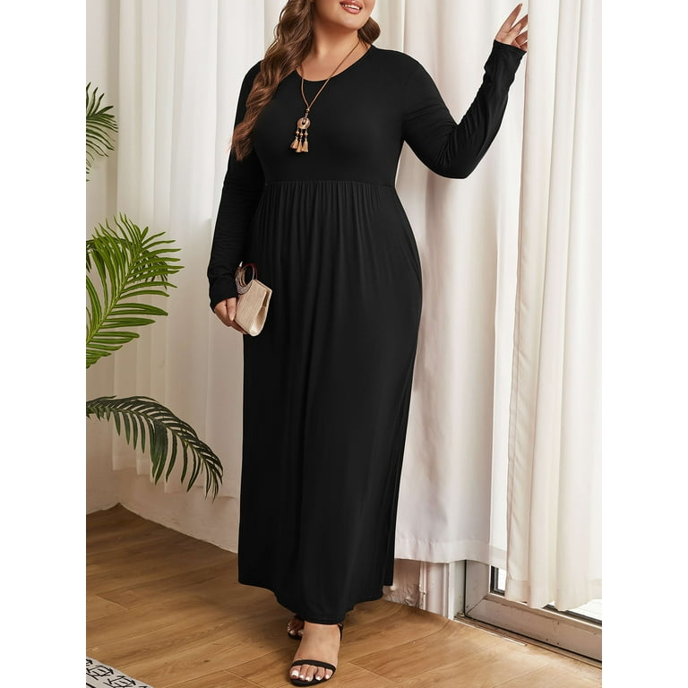Mengpipi Women s Plus Size Casual Long Sleeve Dress Crewneck Loose Maxi Dress with Pockets 2X 5X