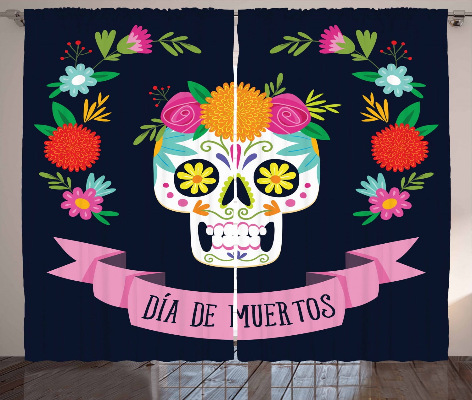 Sugar Skull Curtains 2 Panels Set, The Day of the Dead Theme Colorful ...