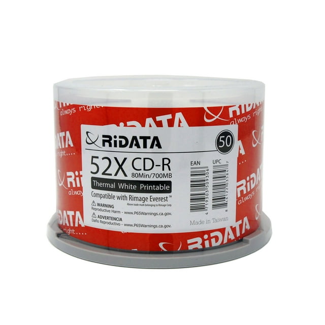 50 Pack Ridata CD-R 52X 700MB 80Min White Thermal Hub Printable Blank ...
