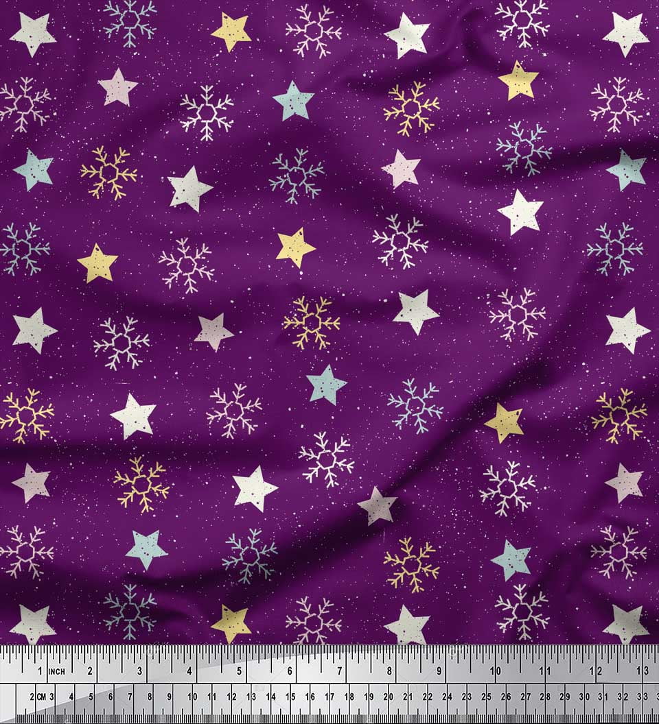 Soimoi Purple Cotton Voile Fabric Snow Flakes & Star Print Fabric by ...