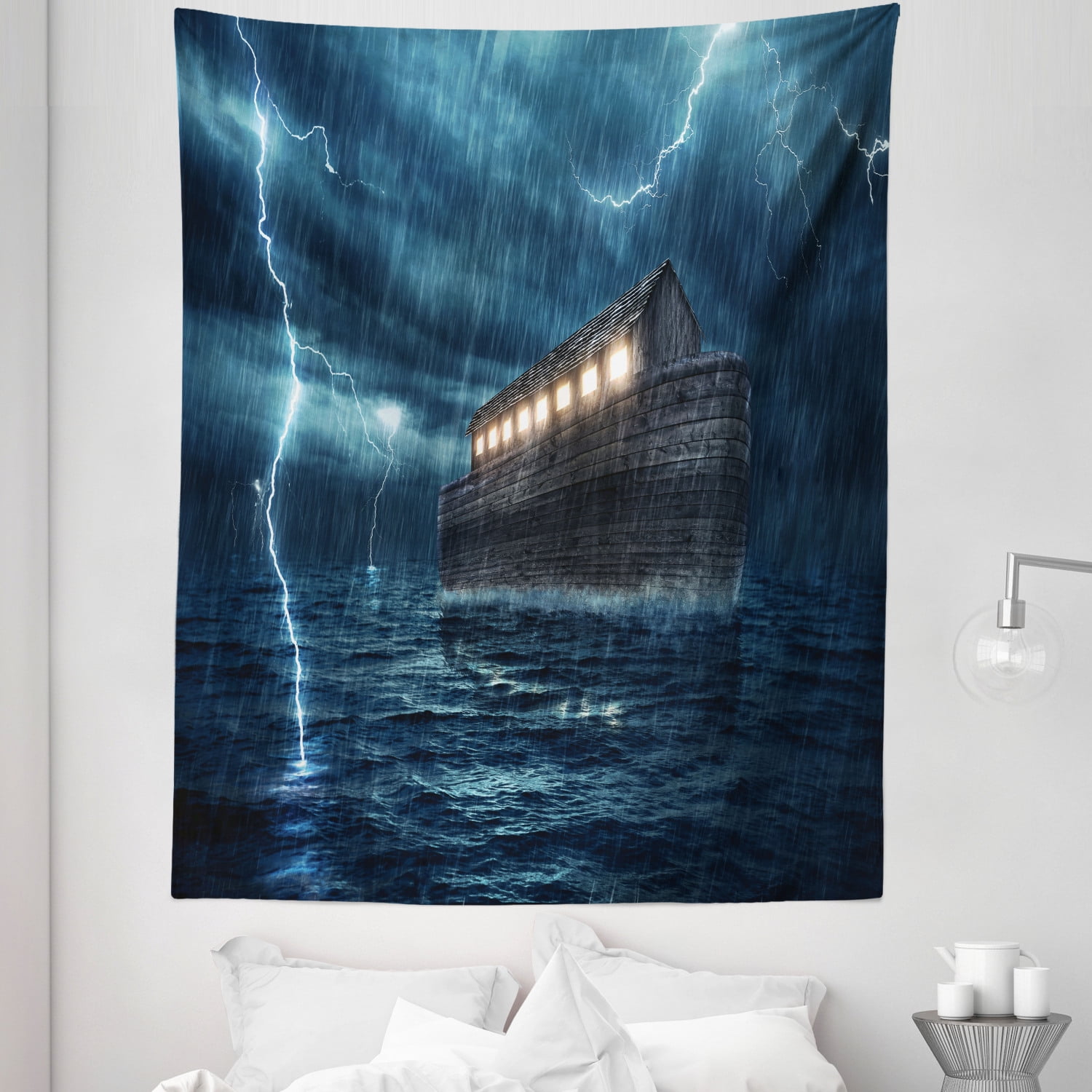Nature Tapestry, Old Nostalgic Wooden Boat Ship During Rain and Thunder ...