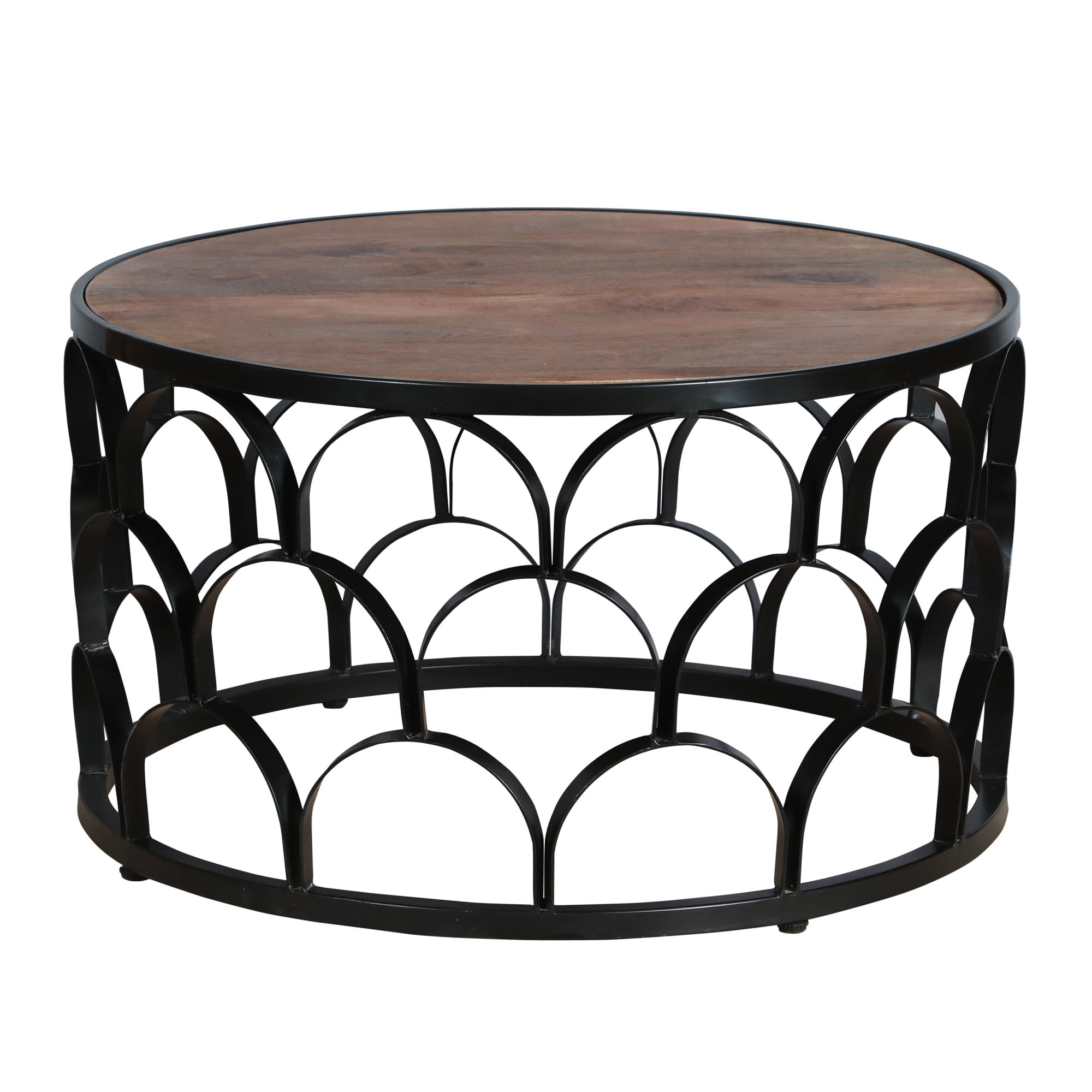 32 Inch Round Coffee Table, Mango Wood Top, Lattice Cut Out Metal Frame ...