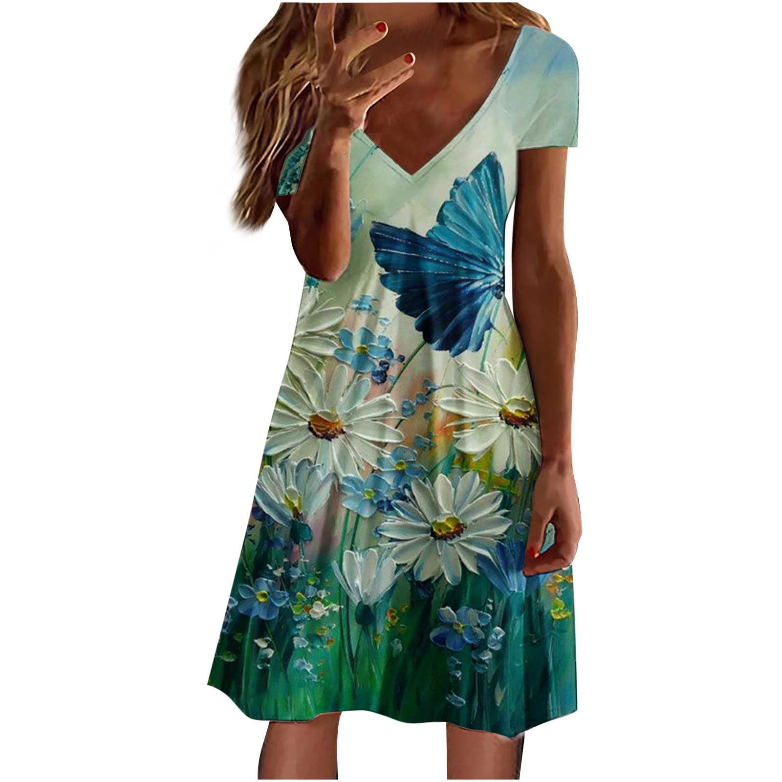 HTNBO Womens Floral Printed Sun Dress A Line Summer Casual Flowy Short ...