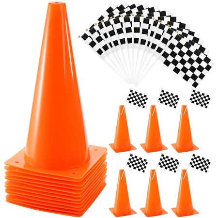 TESNN 12 Pack 12 Inch Plastic Traffic Cones with Racing Chequered Flags ...