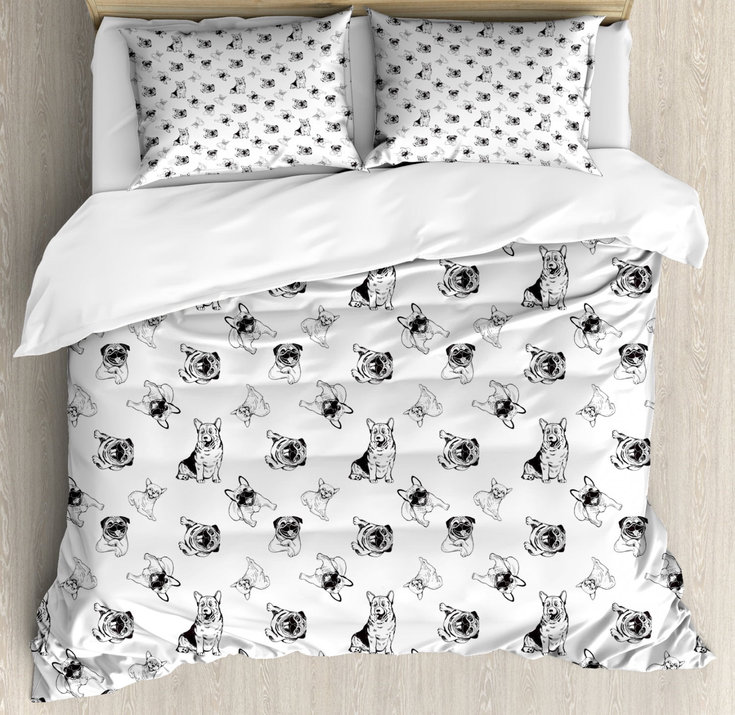 Dogs Duvet Cover Set Queen Size, Monochrome Pattern with Different ...