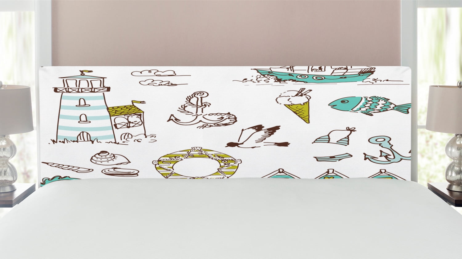 Nautical Headboard, Marine Elements Fish Lighthouse Anchor Vessel ...