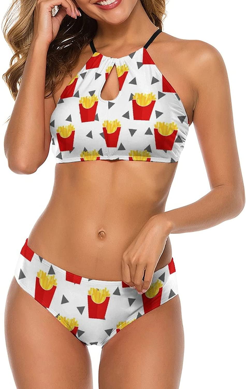 French Fries Womens Halter High Neck Bikini Swimwear Set Cross Back