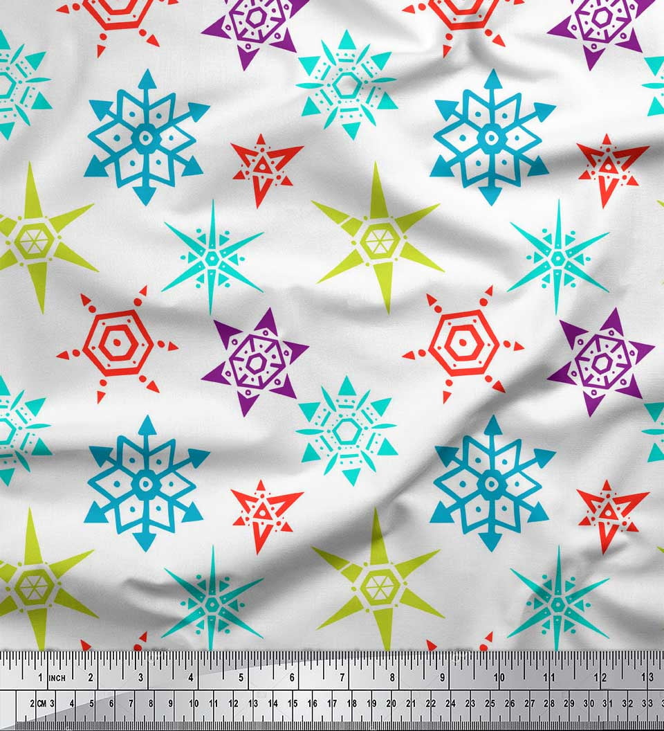 Soimoi White Silk Fabric Snow Flakes Floral Print Fabric by the Yard 42 ...