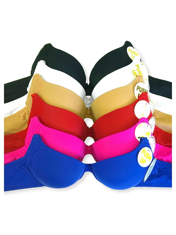 LAVRA Women's 6 Pack of Full Cup Push Up Bras Floral Lace Plain Design ...