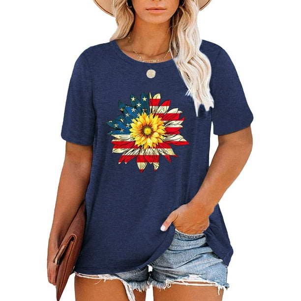 Anbech Sunflower Shirts For Womens Plus Size Short Sleeves T Shirt
