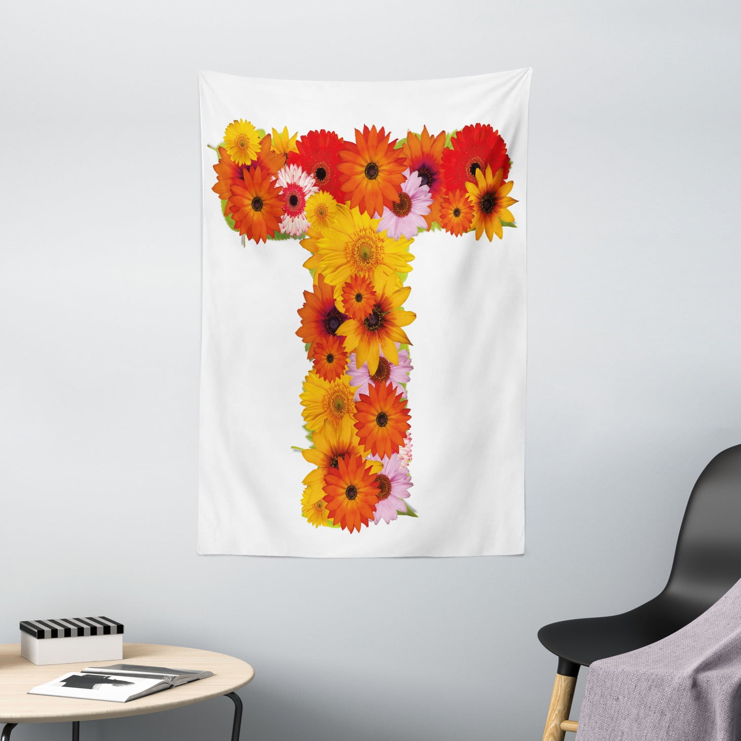 Letter T Tapestry, T Shaped Floral Arrangement with Summer Themed ...