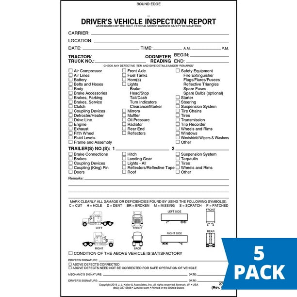 Detailed Driver Vehicle Inspection Report Book with Illustrations 5-pk ...