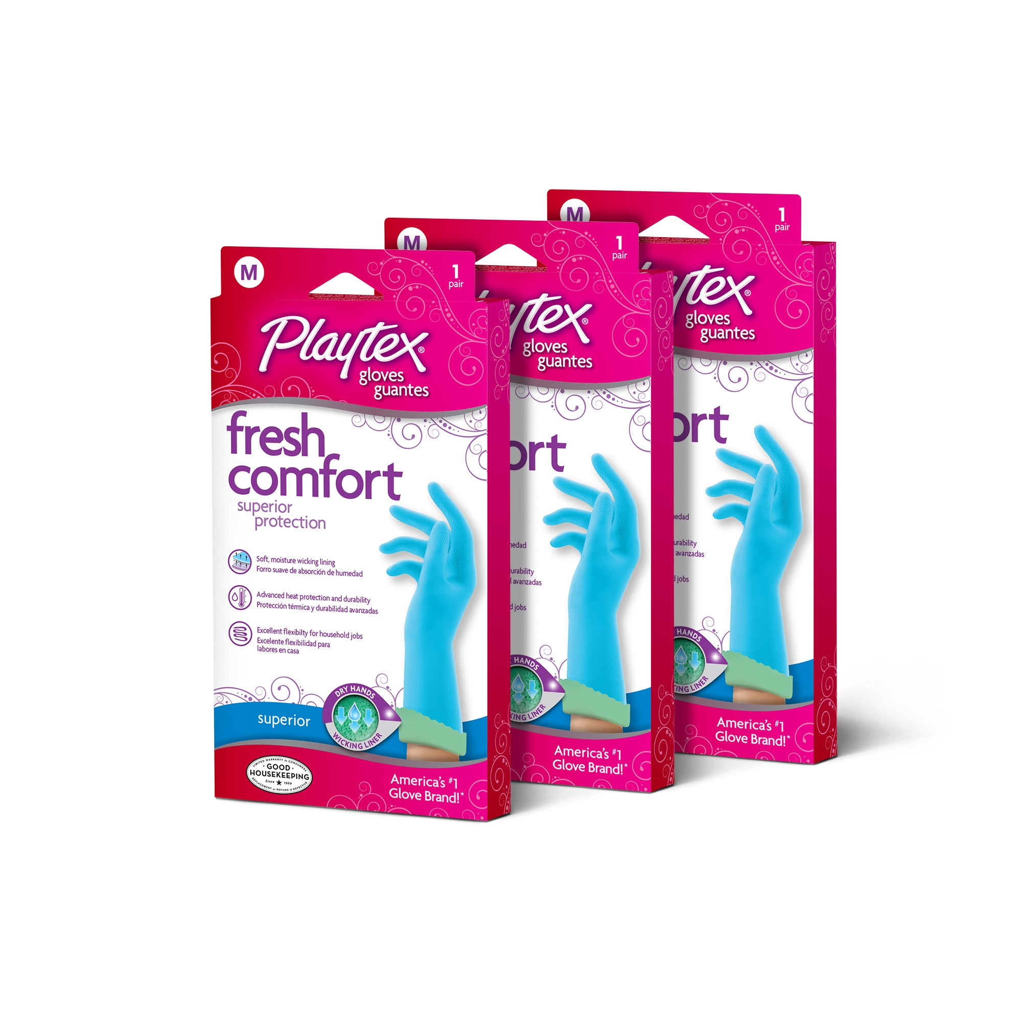 Playtex Fresh Comfort Gloves, Reusable Cleaning Gloves, Size Medium, 3 ...