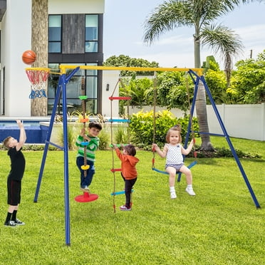 Gymax 5-In-1 Kids Playground: Swings, Climbing Ladder, Basketball Hoop ...
