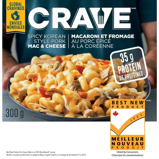 CRAVE Spicy Korean Style Pork Macaroni & Cheese Frozen Meal, 300 g Box, CRAVE Spicy Korean Style ...