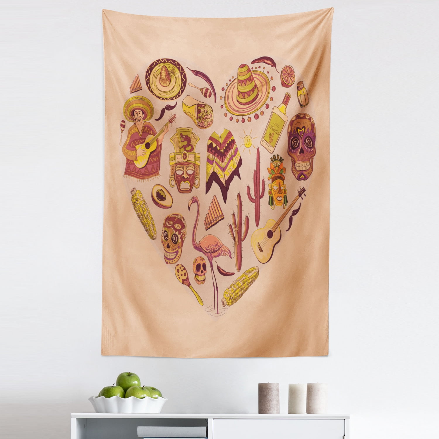 Hispanic Tapestry, Latin American Themed Folkloric Cartoonish Items as ...