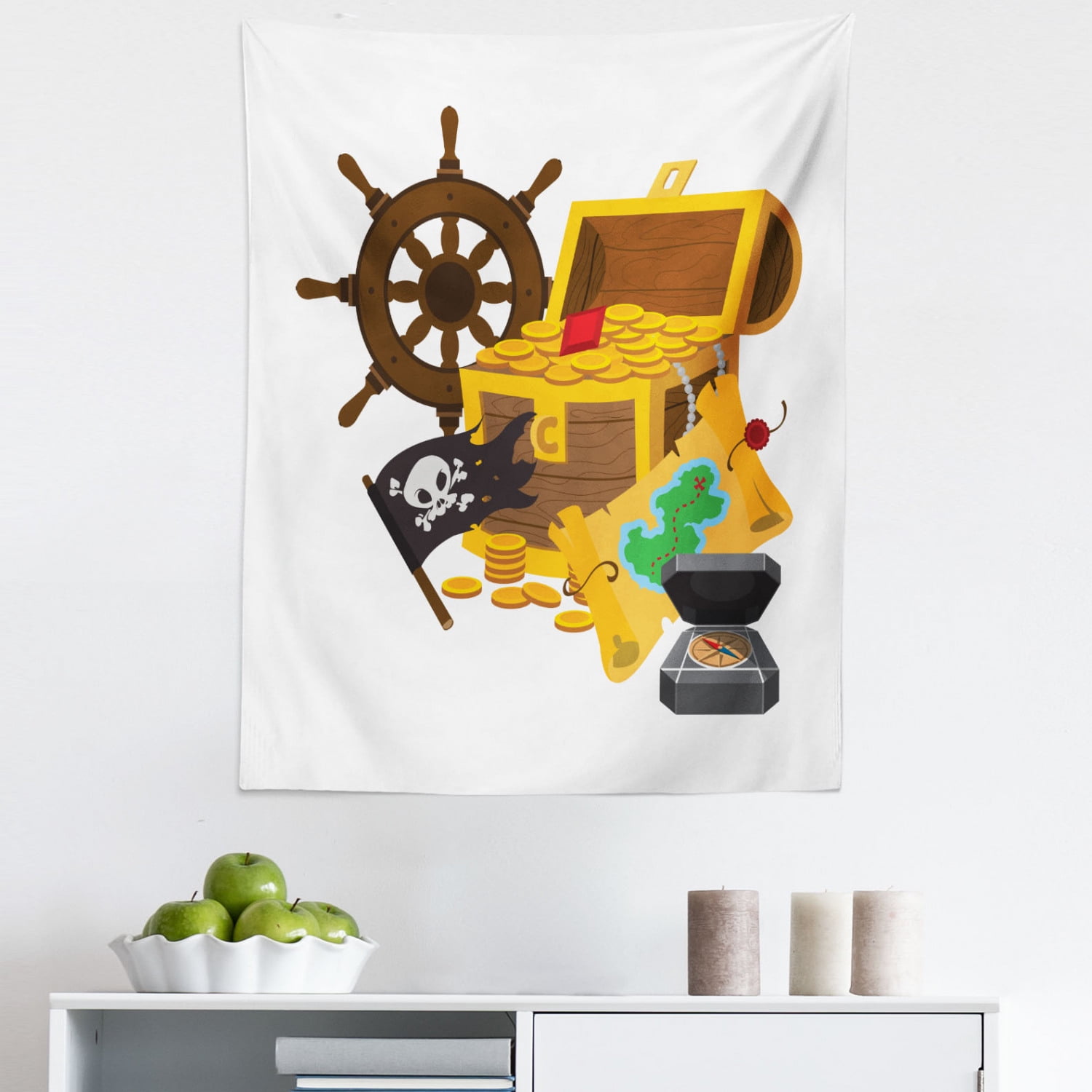 Pirate Theme Tapestry, Wooden Rudder Flag Treasure Chest Full of Coins ...
