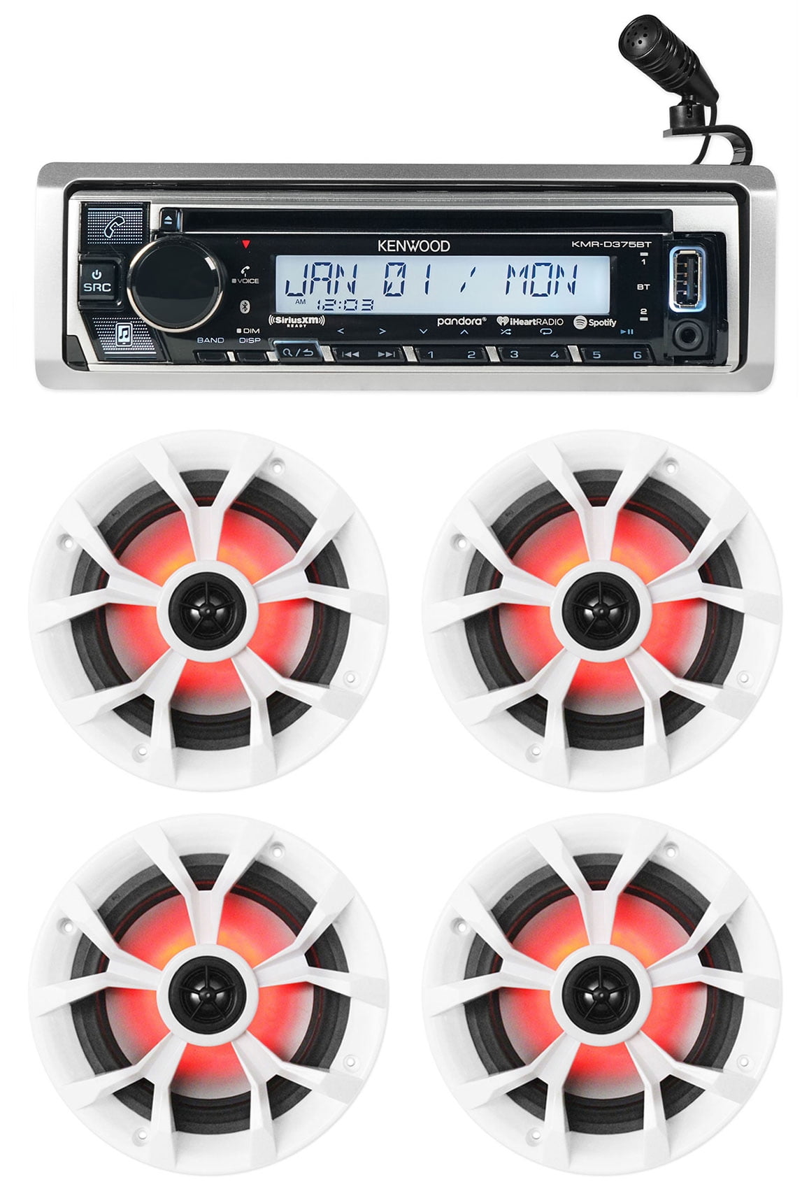 Kenwood KMR-D375BT Marine Bluetooth CD Player Receiver+(4) 6.5" LED ...