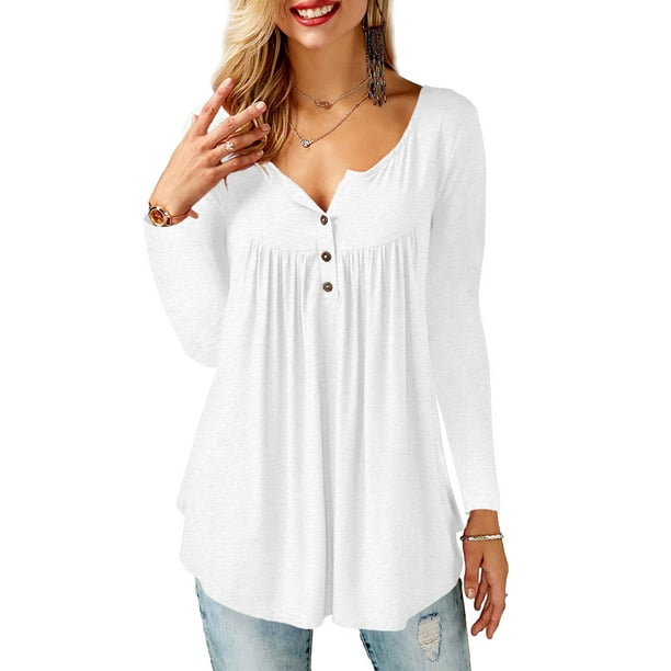 Amoretu Women's Long Sleeve Henley Shirt Casual Button Up Tunic Tops ...