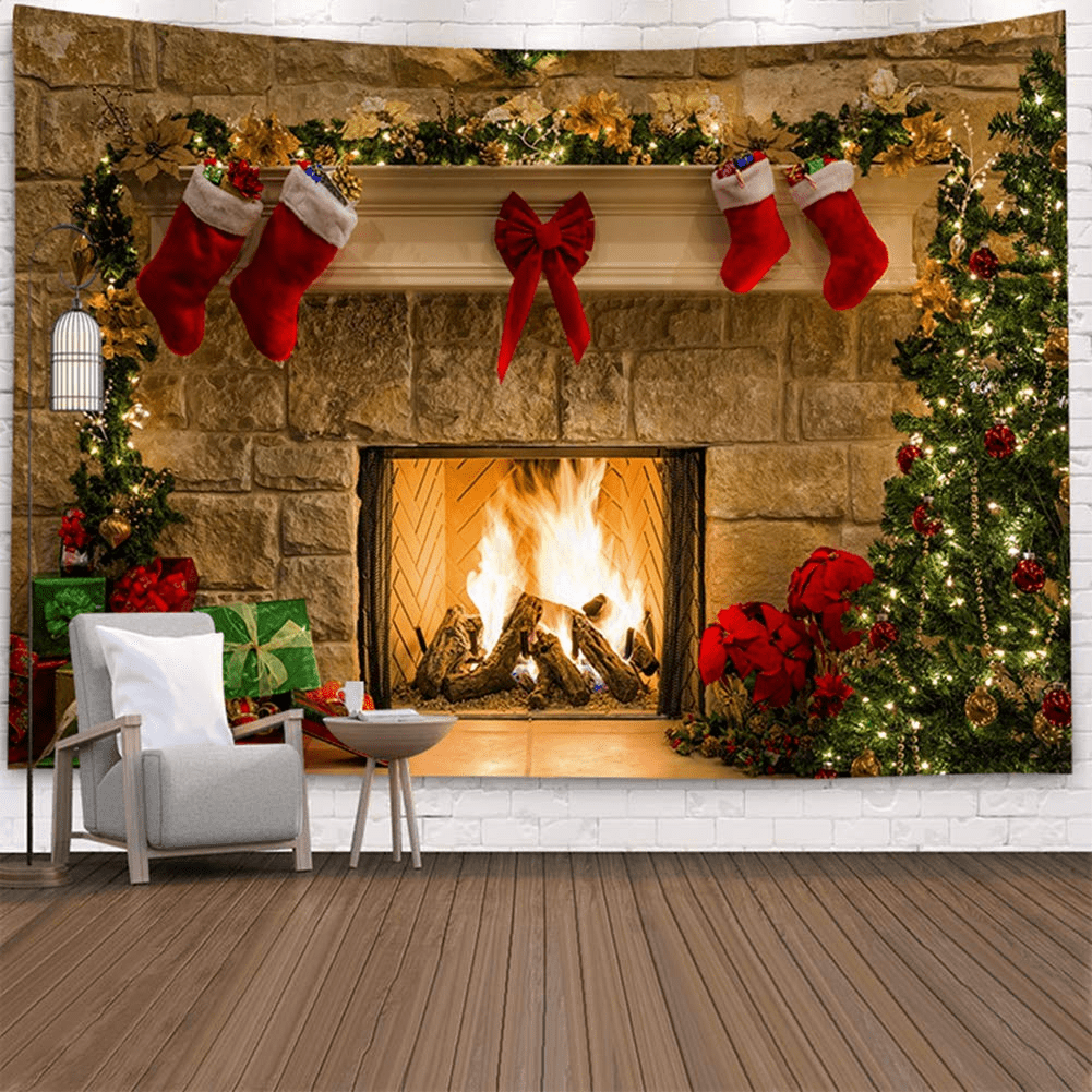 Christmas Tapestry, Xmas Merry Christams Tree Brick Fireplace Stockings ...