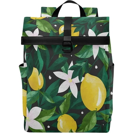 Lemons and White Flowers Dark Background Backpack Roll Top Daypack ...