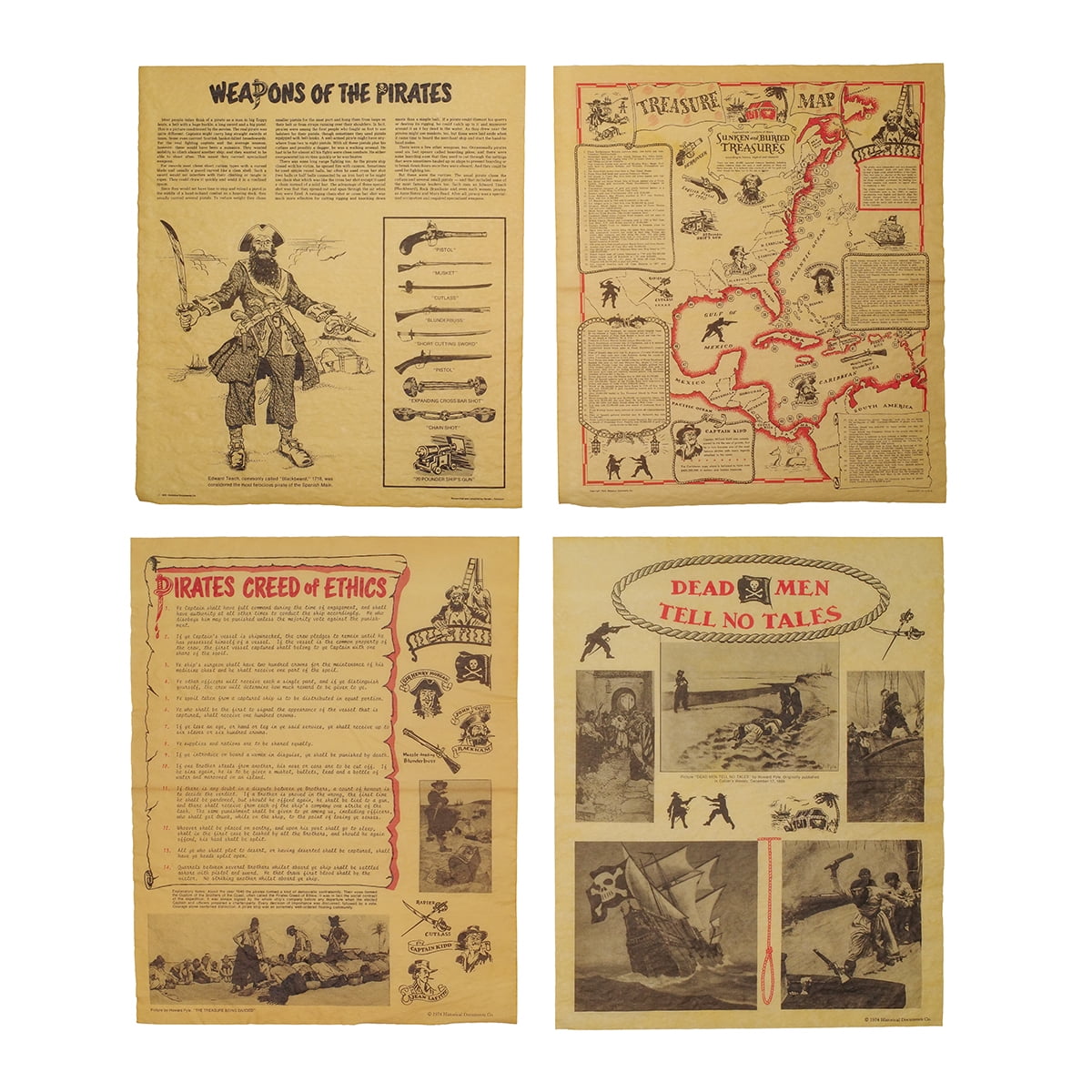 Pirate 4 Posters Collection Treasure Chest Map Weapons Pistol Sword Gun ...