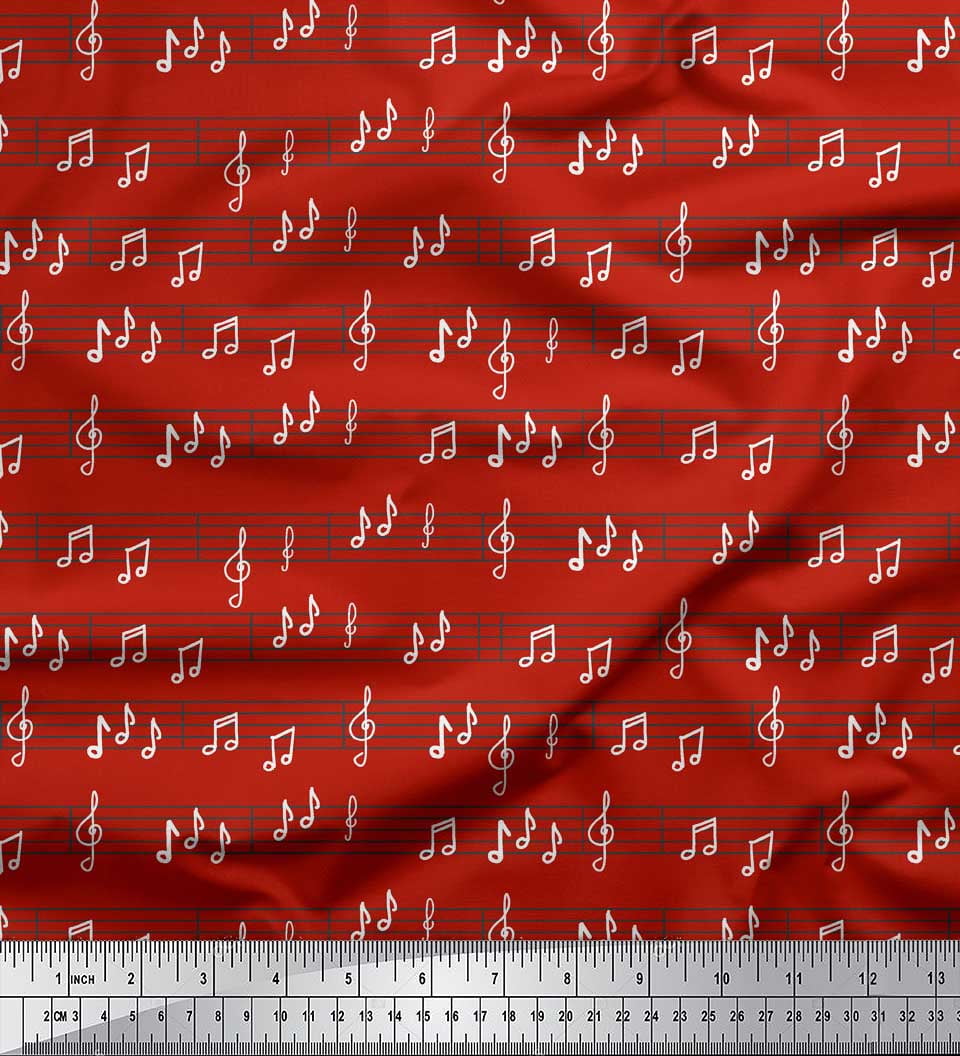 Soimoi Red polyester Crepe Fabric Notes Musical Instrument Print Fabric ...