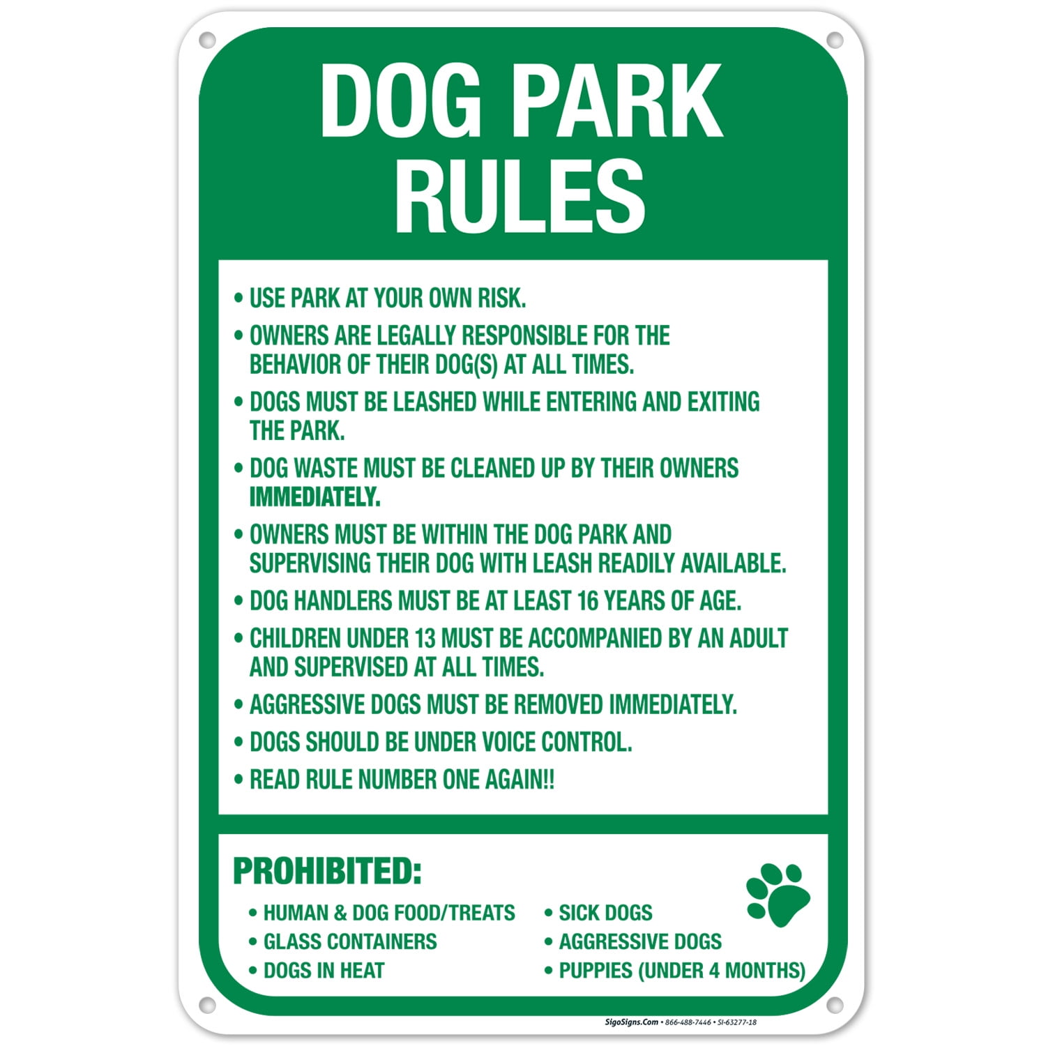 Dog Park Rules With Prohibited Rules Sign, - Walmart.com