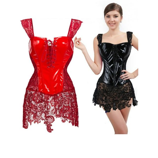 Womens Sexy PVC Zipper Lace Up Overbust Corset Shoulder Strap Boned ...