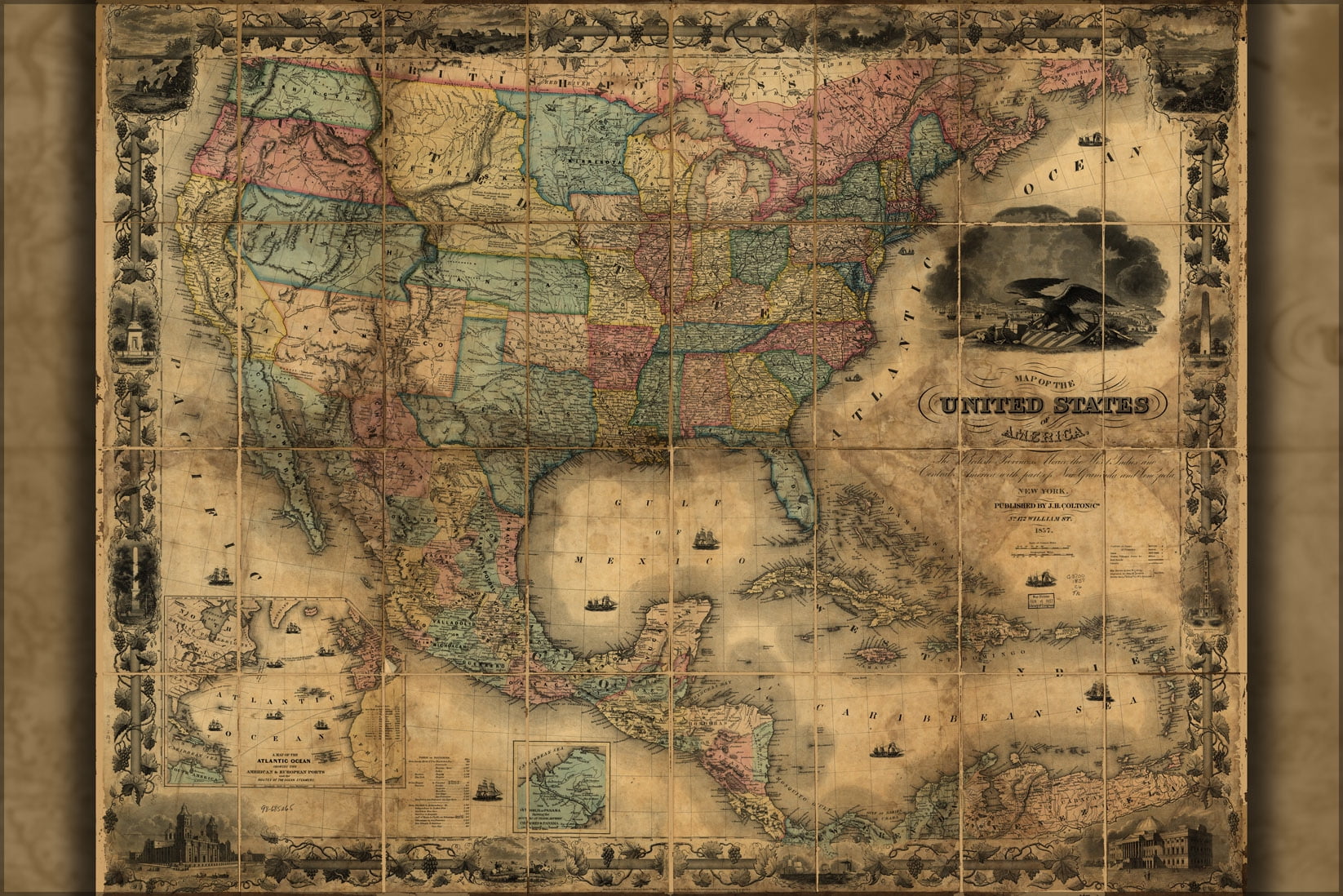 24"x36" Gallery Poster, Map of the United States of America 1857 ...