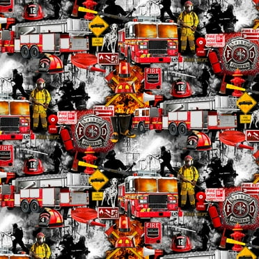 Fire Department Cotton Fabric by Sykel-Abstract Firefighter Logo ...