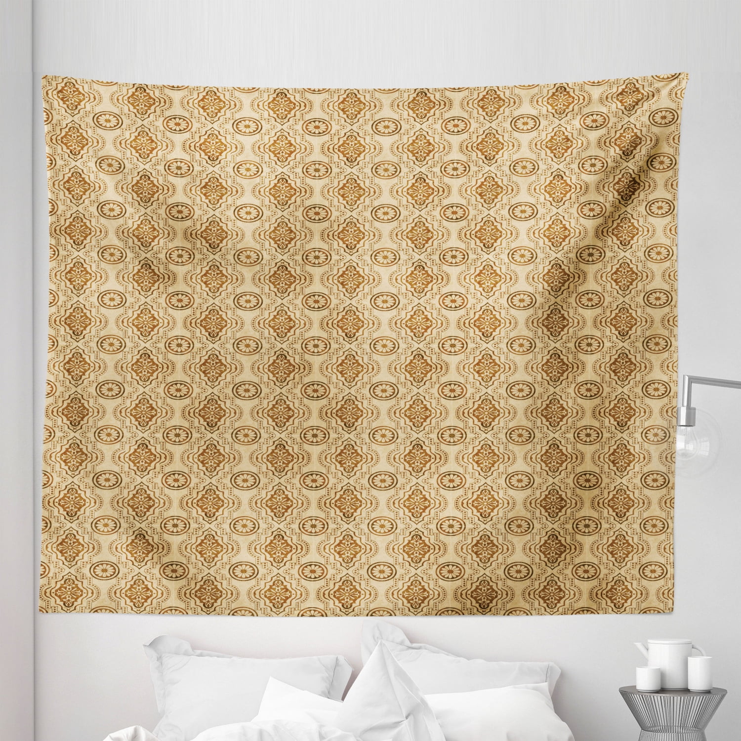 Vintage Tapestry, Abstract Oriental Print with Curvy Flowers Encircled ...