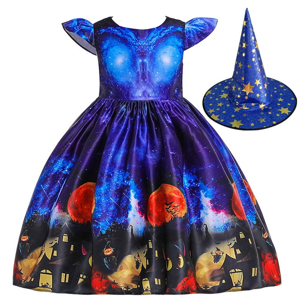 Girls Kids Halloween Witch Dress with Hat Smooth Princess Skirt Dress ...