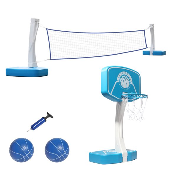 PEXMOR 2-in-1 Pool Basketball Hoop, Volleyball Net Set, 4 Balls, 1 Air ...