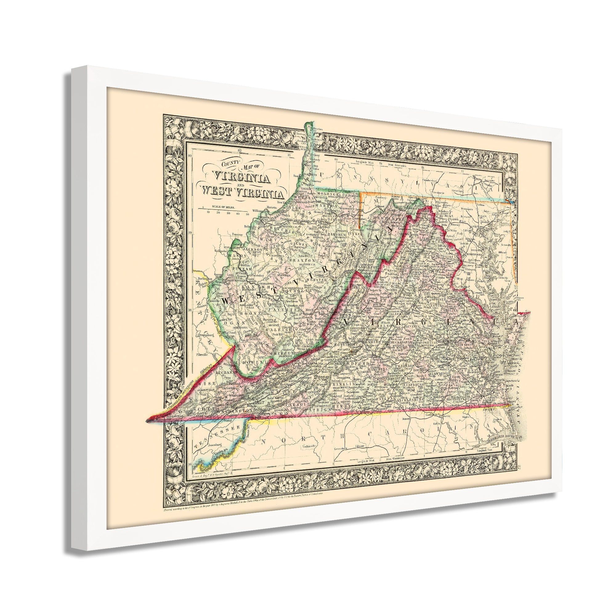 1863 Virginia & West Virginia Map - Framed Vintage Virginia Wall Map ...