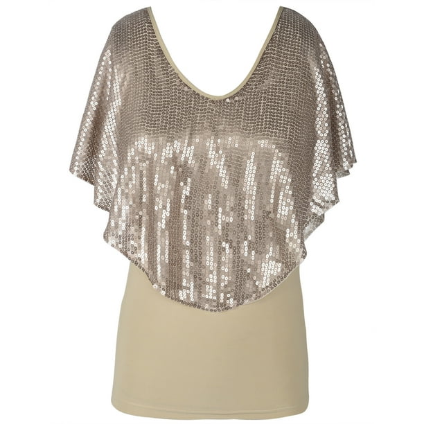 PrettyGuide Women's Tunic Tops Sequin Overlay Cold Shoulder Glitter ...