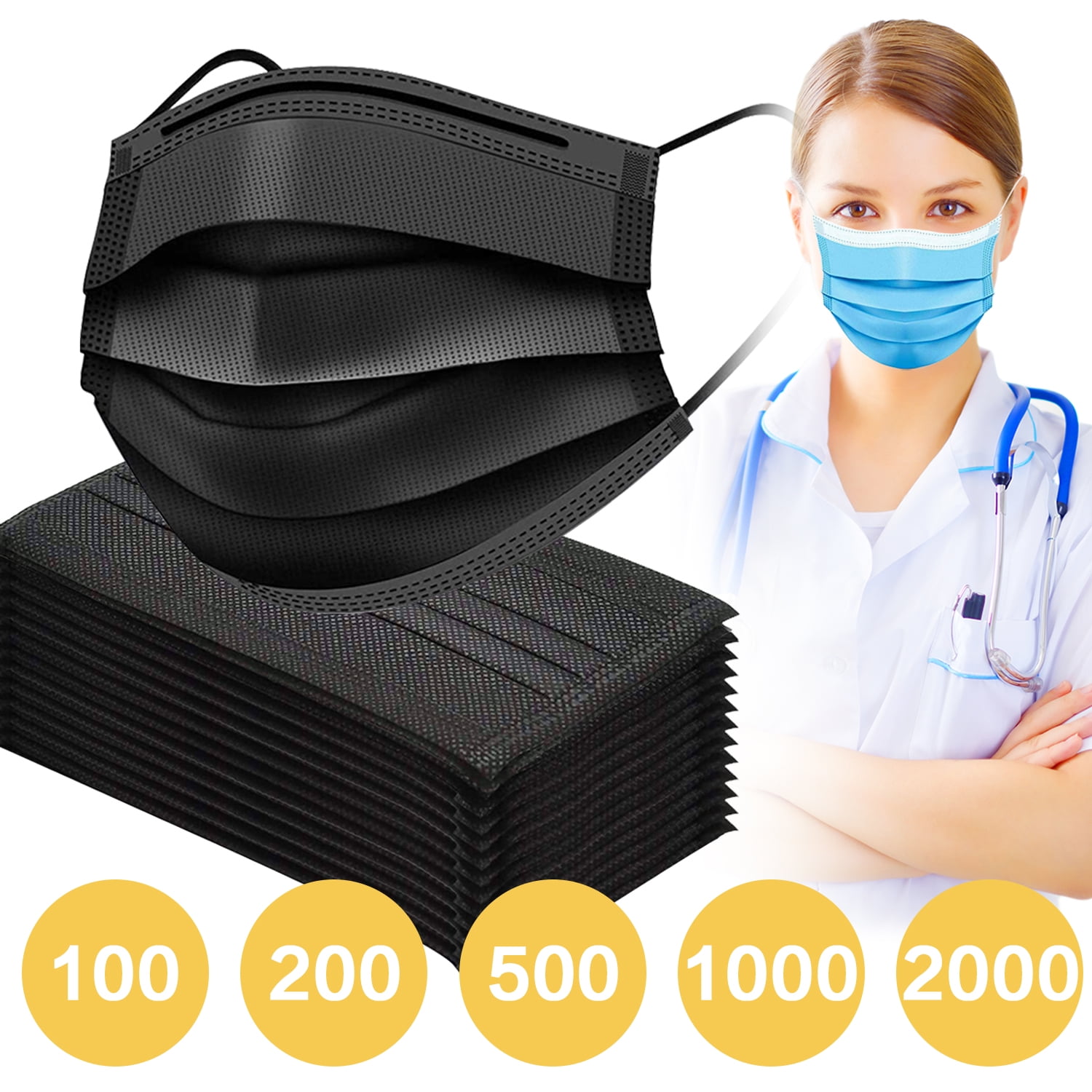 300 Pack USA Made Disposable Face Masks Black, 3 Ply Breathable ...