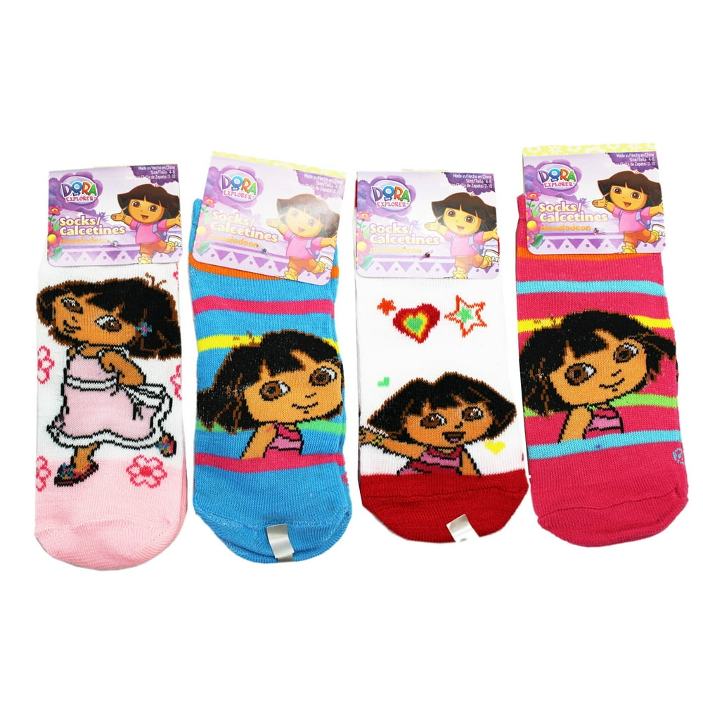 Dora The Explorer - Assorted Color and Design Kids Socks (Size 4-6, 3 ...