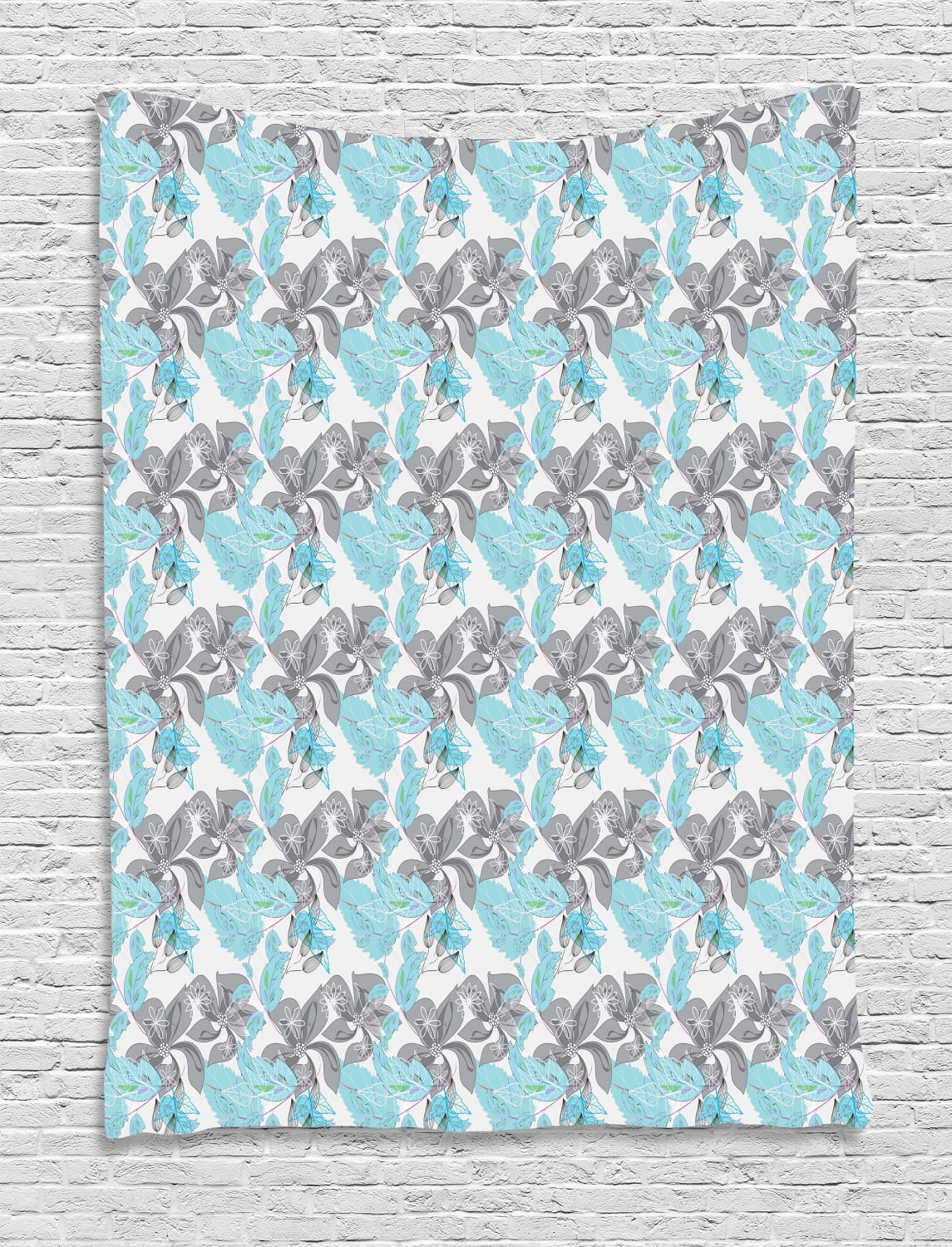 Grey Blue Tapestry, Blooming Abstract Flowers with Pastel Toned Foliage ...