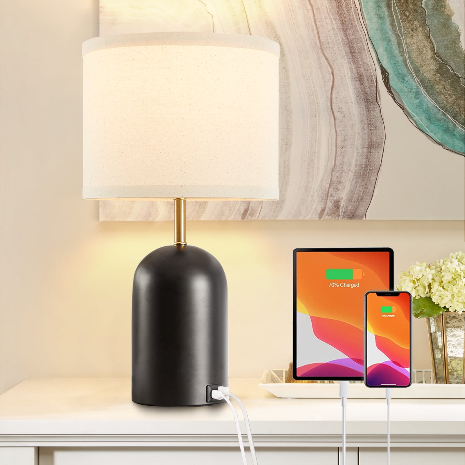 Natyswan Modern Table Lamp with USB A+C Charging Port, 10" High Bedside ...